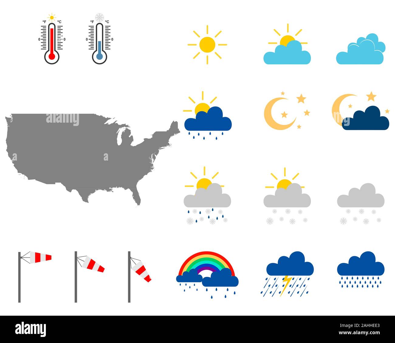 Map of the USA with weather symbols Stock Photo - Alamy