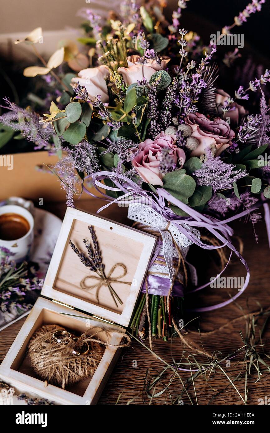 Wedding bouquet decorated with lavender flowers. A solemn event Stock ...