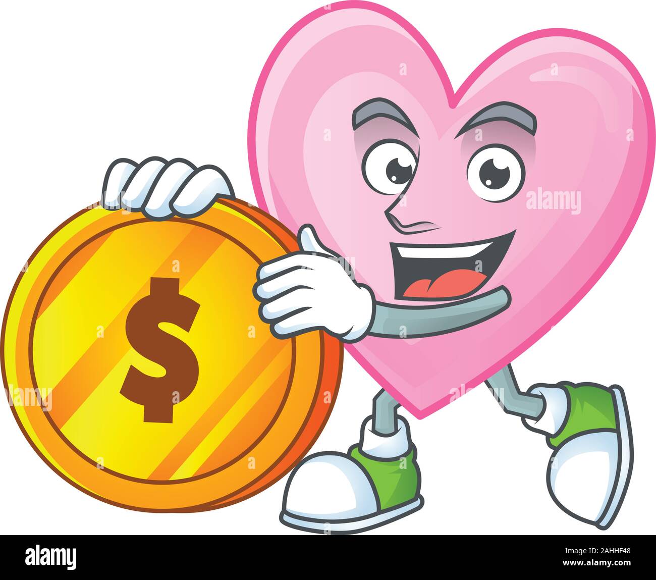 happy face pink love cartoon character with gold coin Stock Vector ...