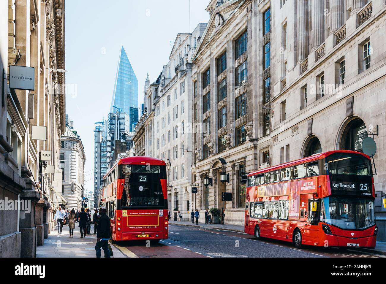 London, UK - May 14, 2019: Double decker red buses in Cornhill in the ...