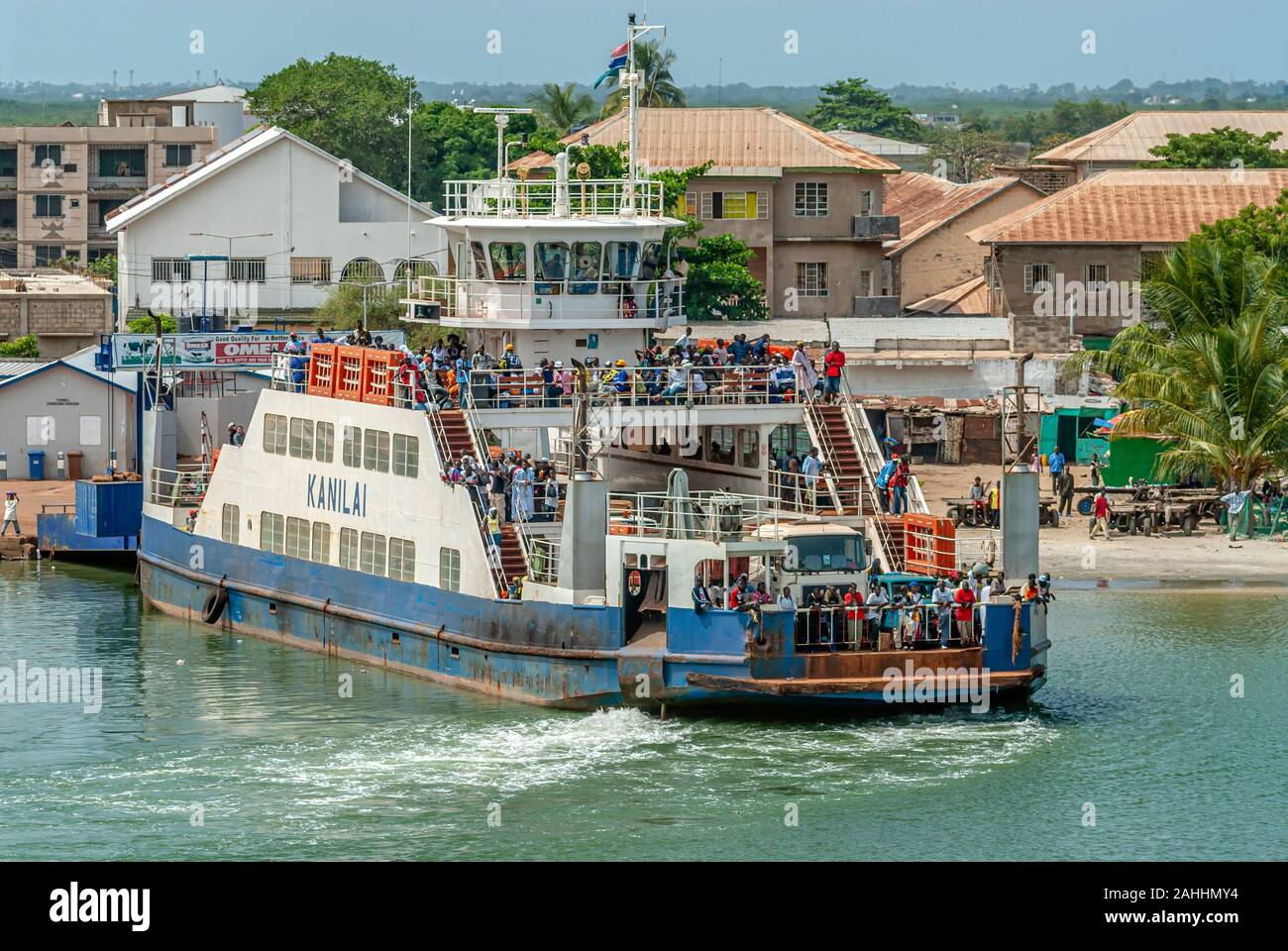 Car ferry with local people in the port of Banjul, Gambia, West Africa ...