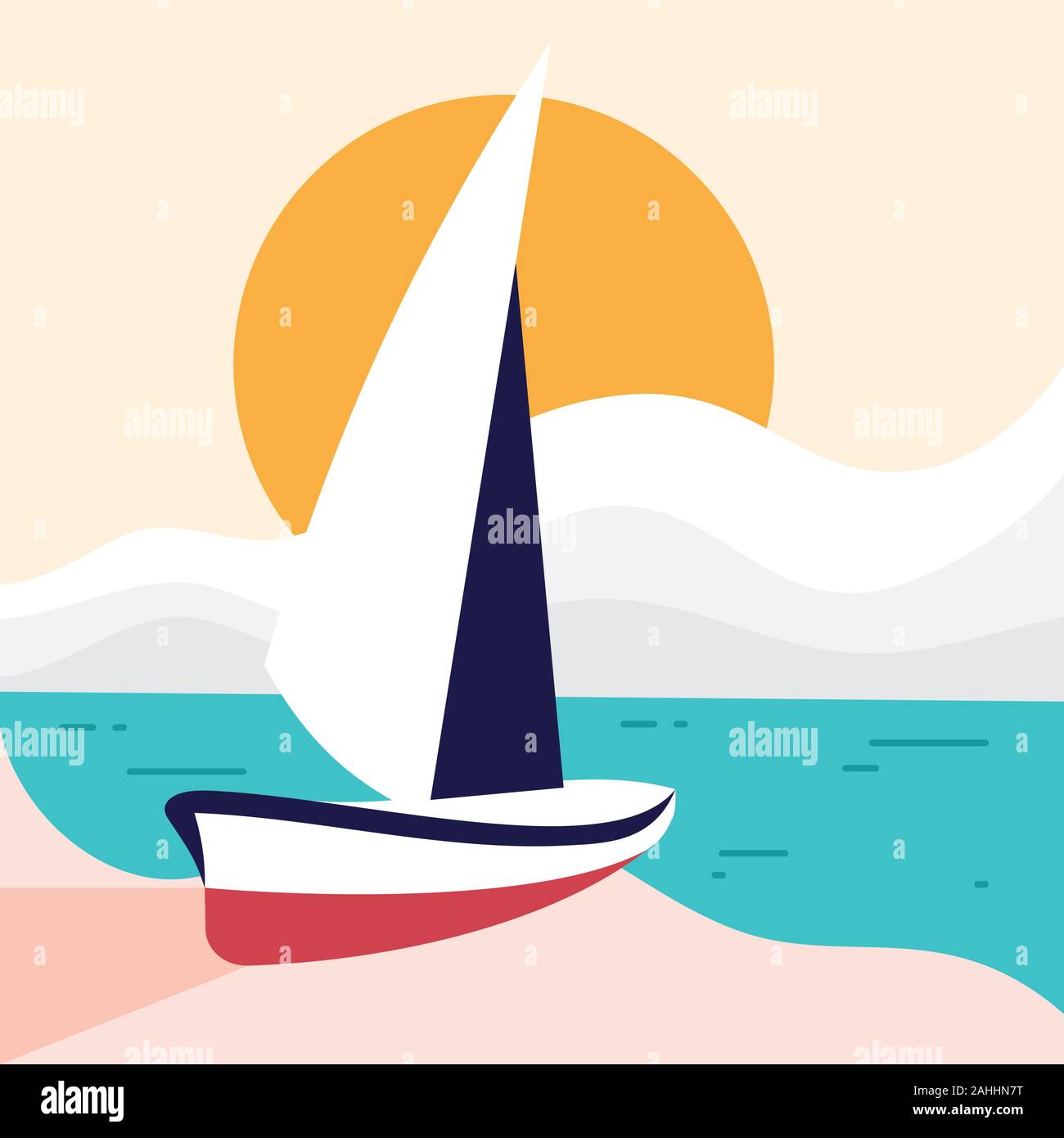 Simple beach landscape with sailboat for element design in flat style ...