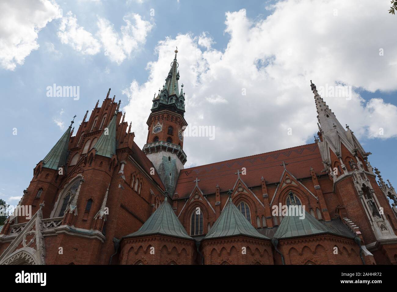 St. Joseph's Church built from red brick. Gothic architecture in Krakow ...