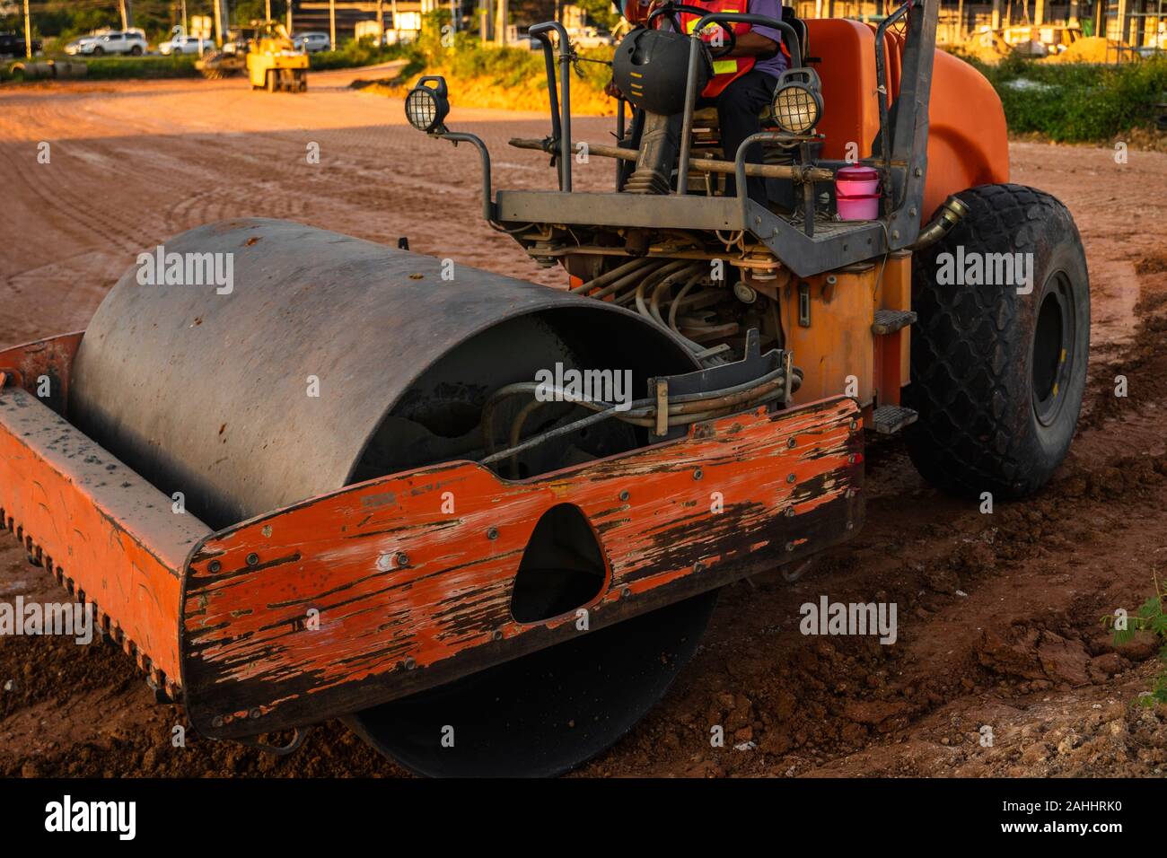Road rollers working on the new roads construction site. Heavy duty ...