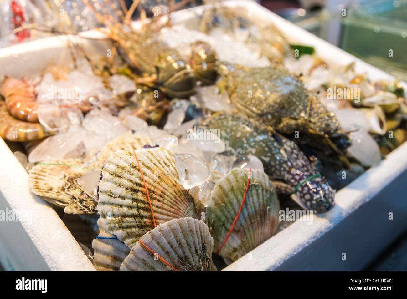 many kind of seafood in background of big shellfish on ice Stock Photo ...