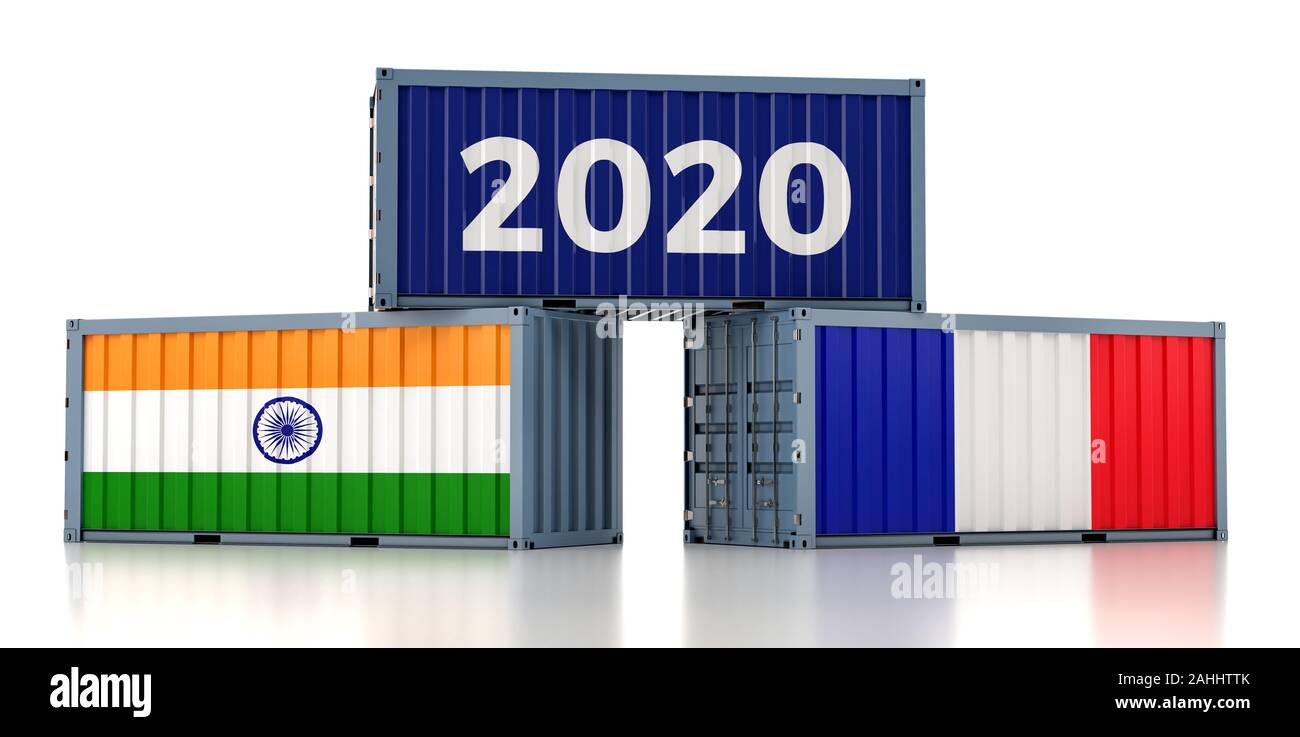 Year 2020 - Freight container with India and France flag. 3D Rendering ...