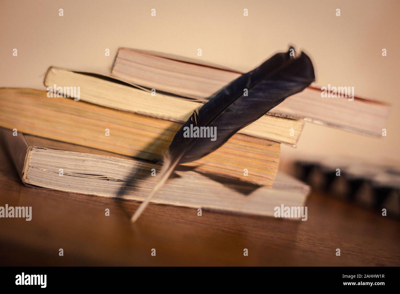 feather with many books on wood table Stock Photo - Alamy