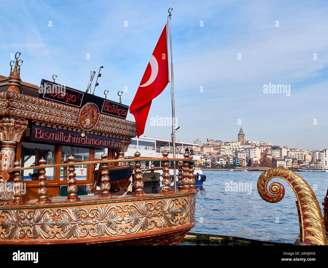 Floating fast food boats at Golden Horn bay opposite Galata Tower at ...