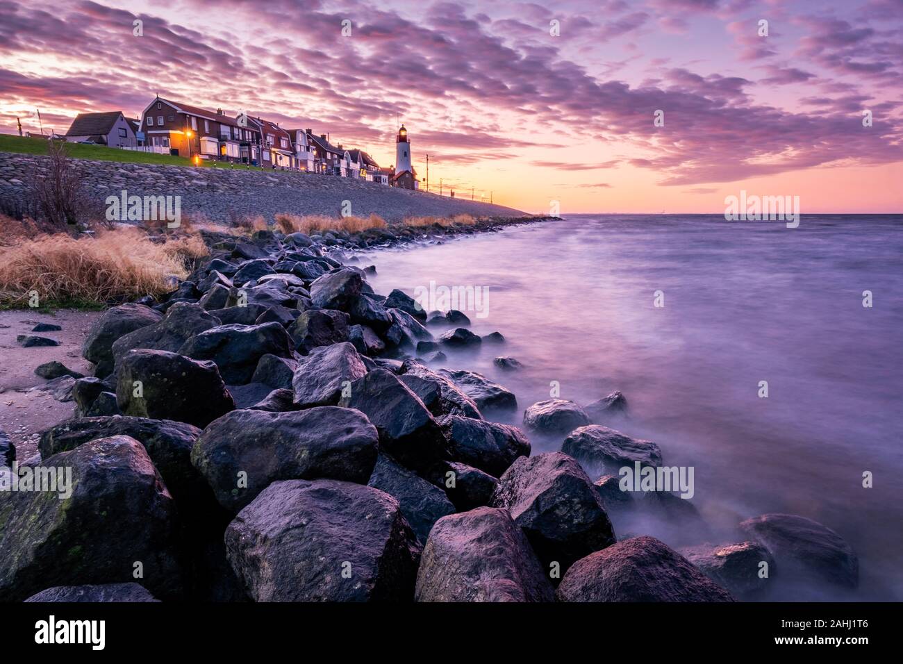 Urk Netherlands Europe, sunrise at the harbor of the small fishing ...