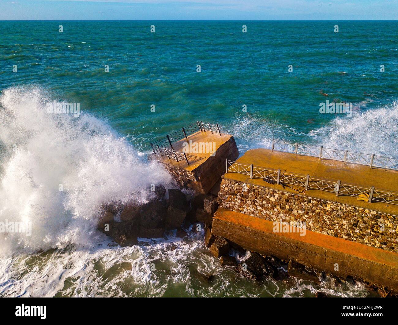 Aerial view of a pier. Pizzo Calabro pier, panoramic view from above ...