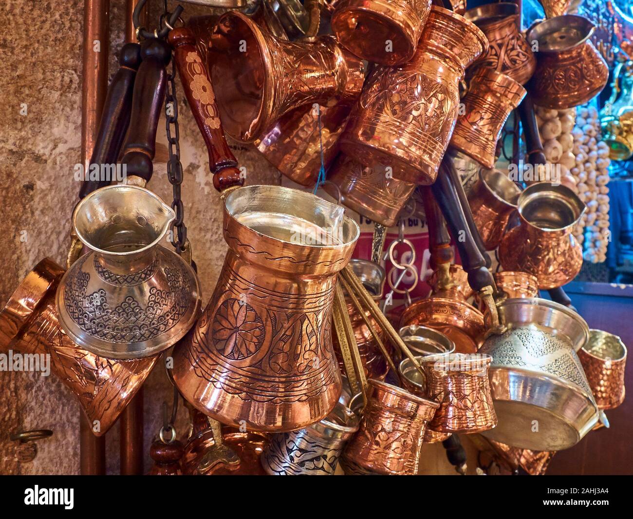 Lots of copper turkish cezves at market Stock Photo - Alamy