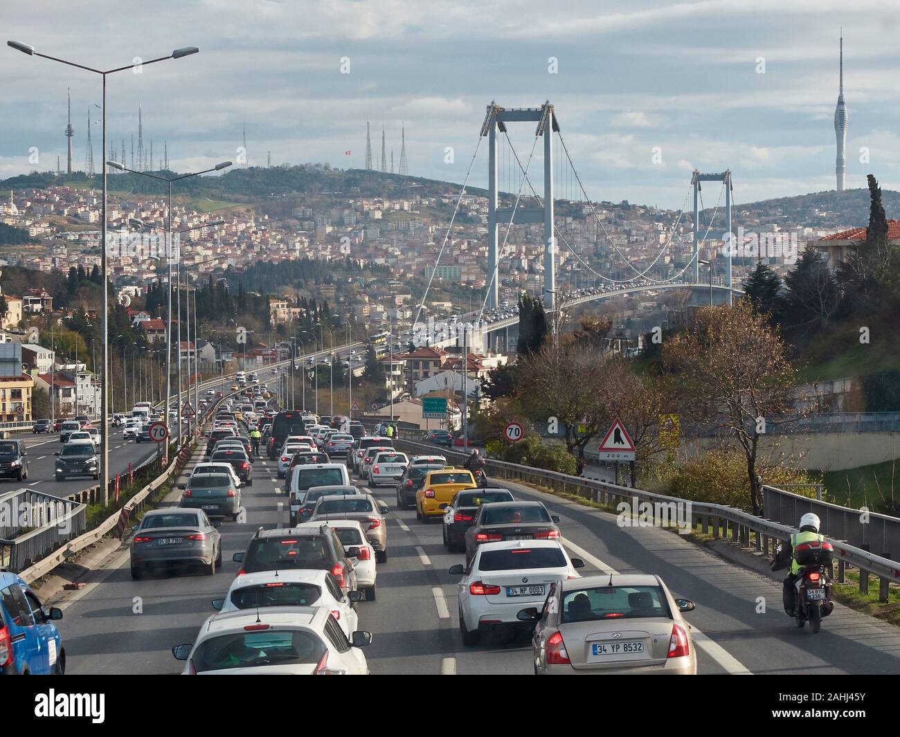 Istanbul, Turkey - December 2019. Traffic jam near Bosphorus bridge ...