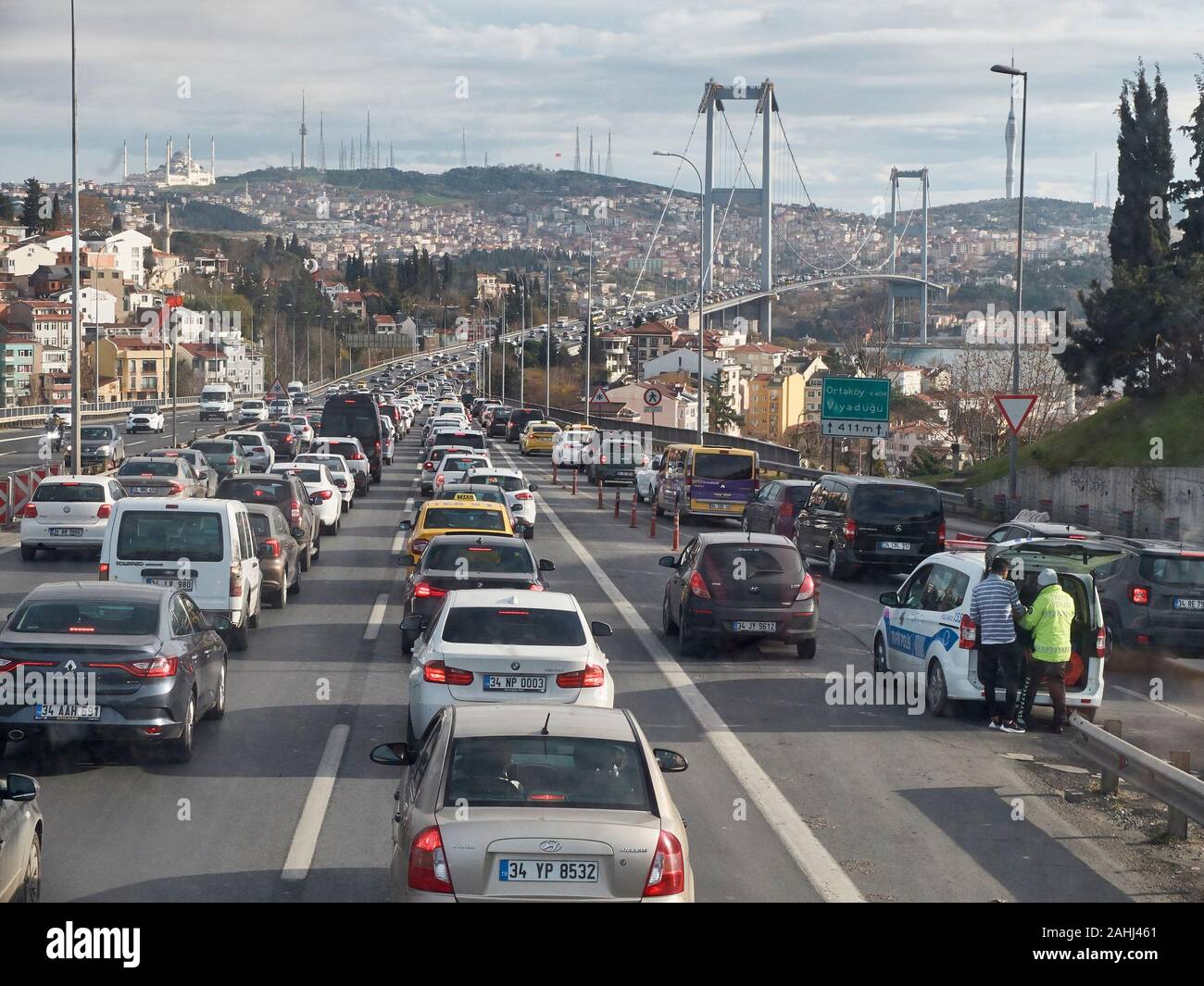 Istanbul, Turkey - December 2019. Traffic jam near Bosphorus bridge ...