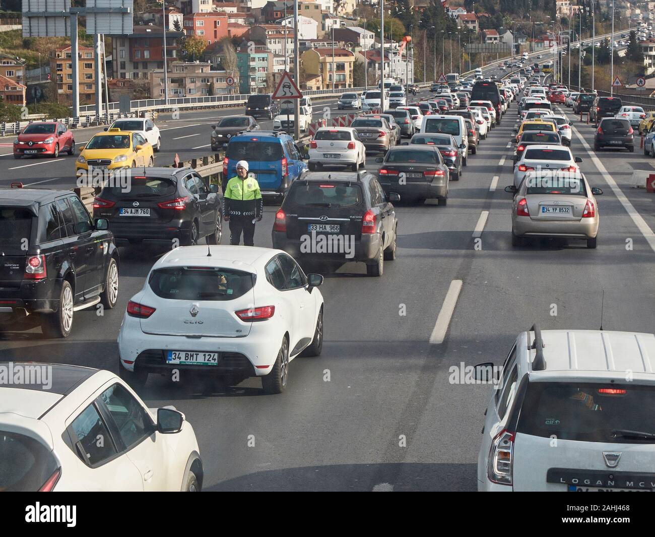Istanbul, Turkey - December 2019. Traffic jam near Bosphorus bridge ...