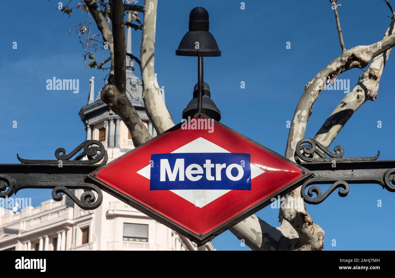 Metro sign at an underground station seen in Madrid, Spain Stock Photo ...