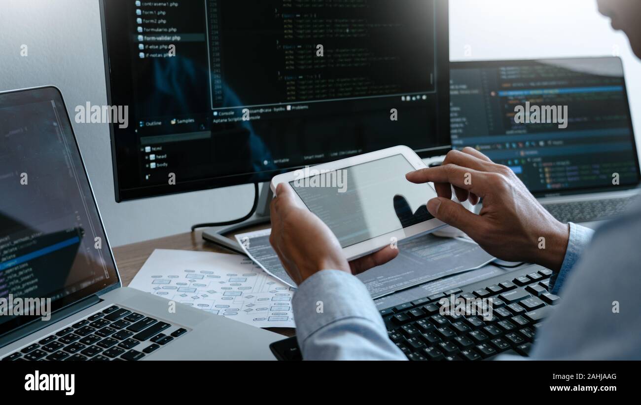 Programmer Working On Computer In It Office Typing Data Coding In Software And Checking Code On 7200