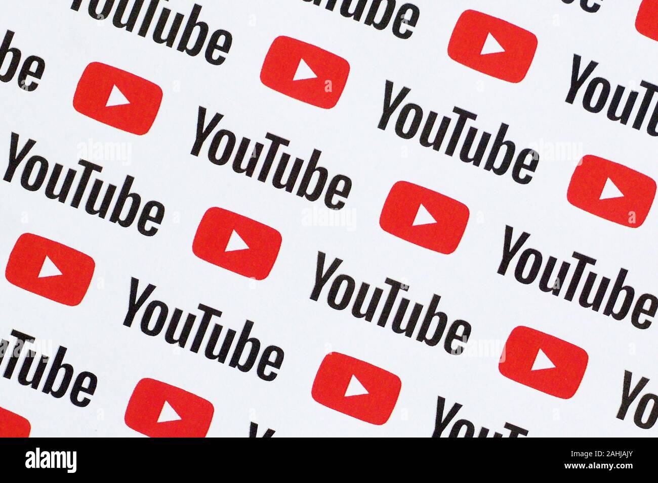NY, USA - DECEMBER 5, 2019: Youtube pattern printed on paper with small ...