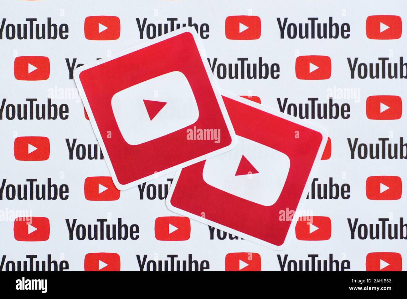 NY, USA - DECEMBER 5, 2019: Youtube logo sticker on pattern printed on ...