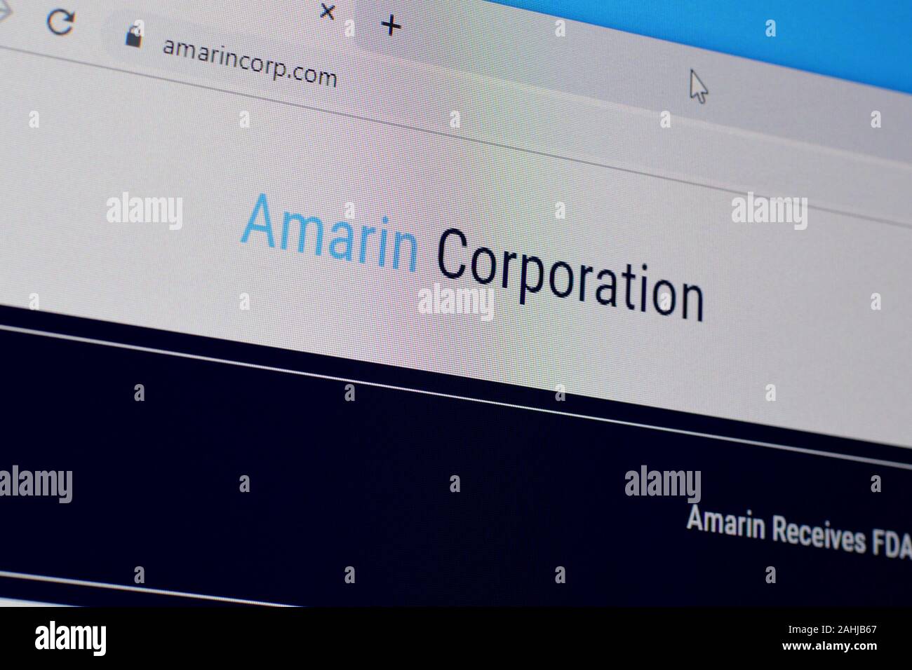 NY, USA - DECEMBER 16, 2019: Homepage of amarin corporation website on the display of PC, url ...