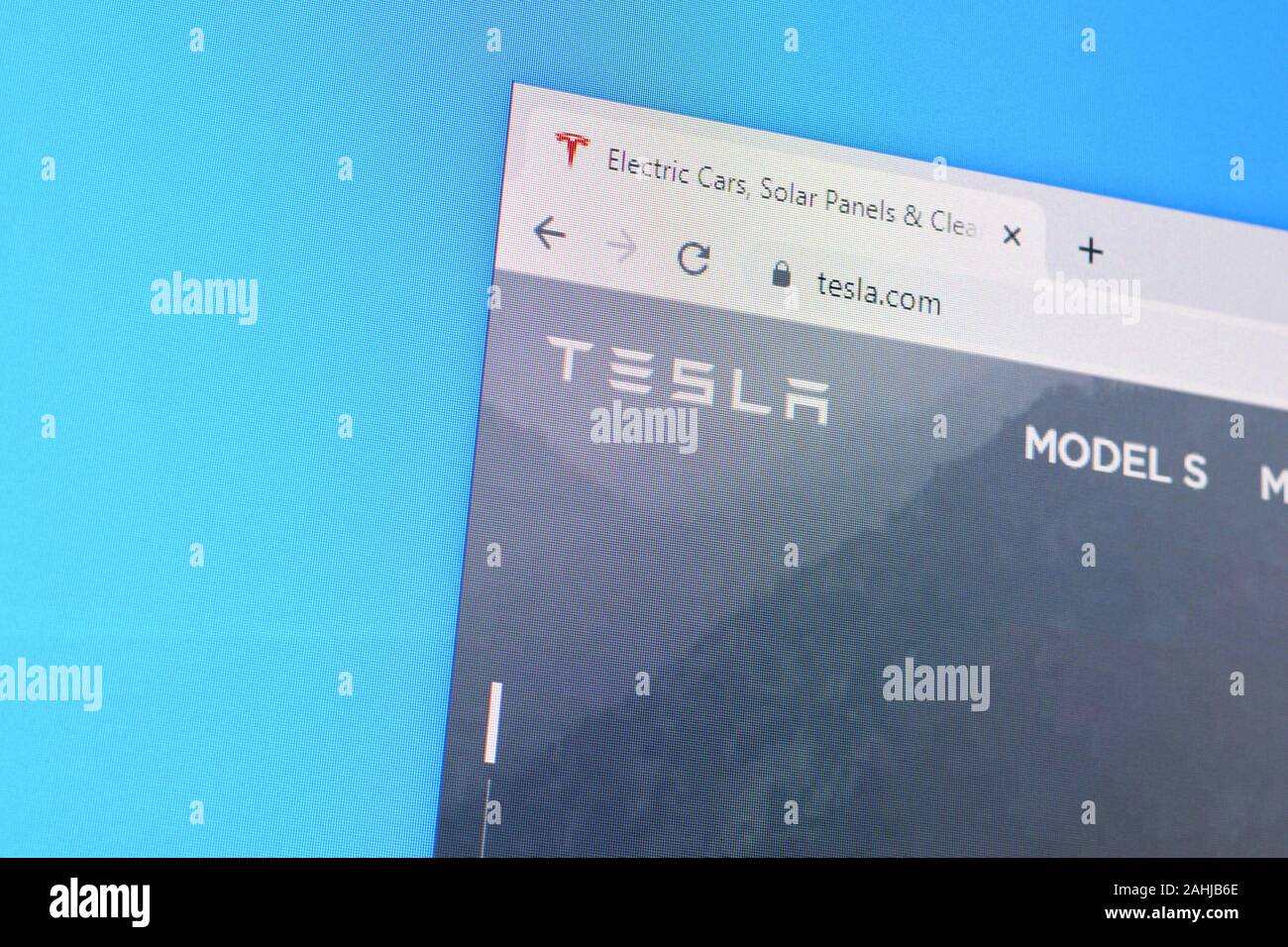 NY, USA - DECEMBER 16, 2019: Homepage of tesla website on the display ...