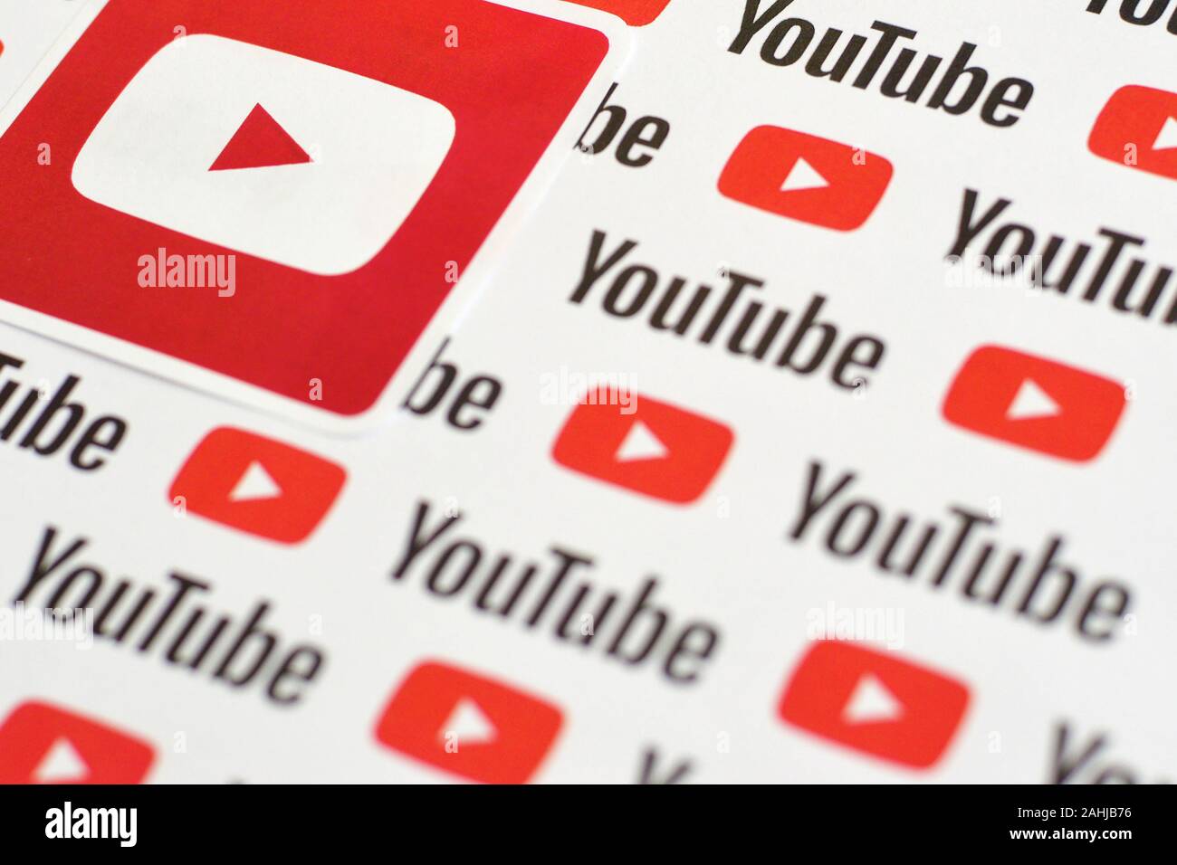 NY, USA - DECEMBER 5, 2019: Youtube logo sticker on pattern printed on ...