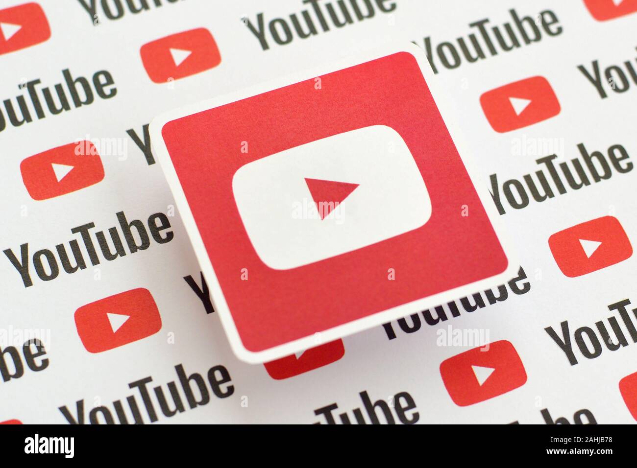 NY, USA - DECEMBER 5, 2019: Youtube logo sticker on pattern printed on ...