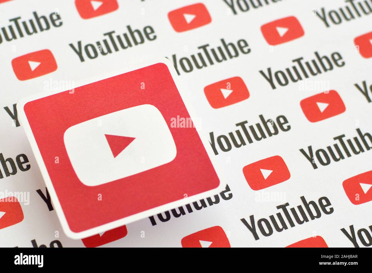 NY, USA - DECEMBER 5, 2019: Youtube logo sticker on pattern printed on ...