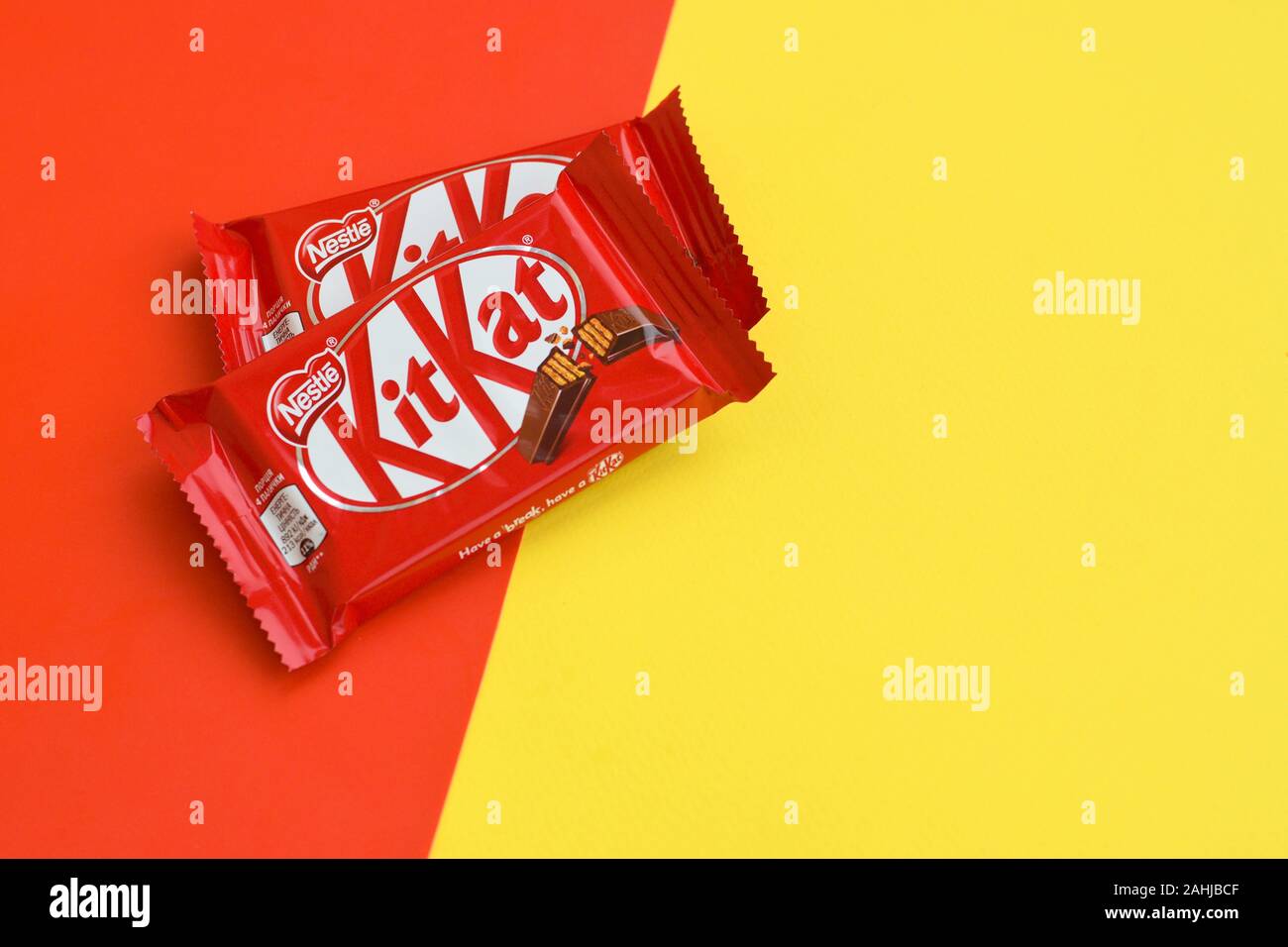 NY, USA - DECEMBER 4, 2019: Kit Kat chocolate bars in red wrapping lies ...