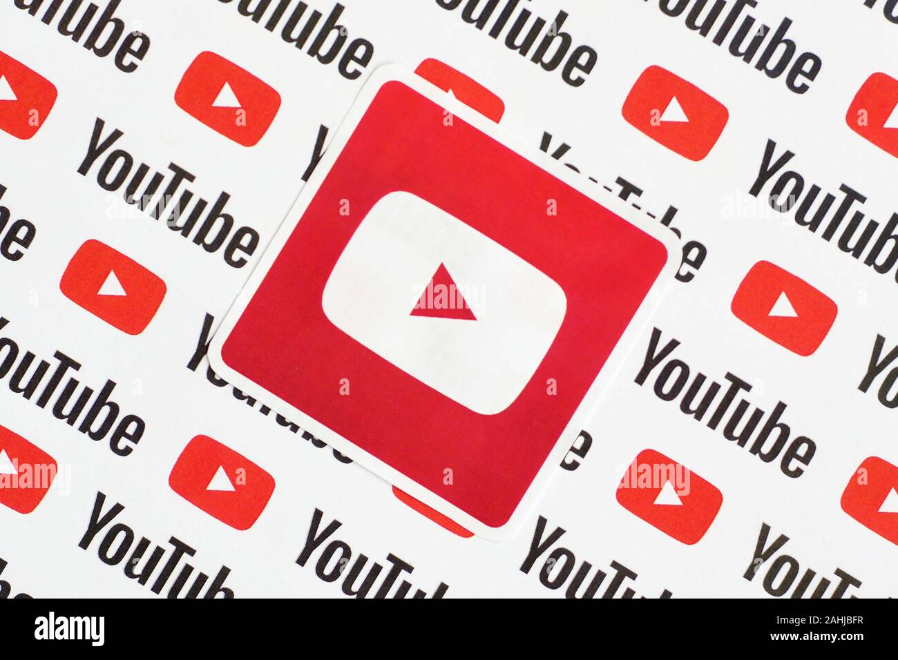 NY, USA - DECEMBER 5, 2019: Youtube logo sticker on pattern printed on ...