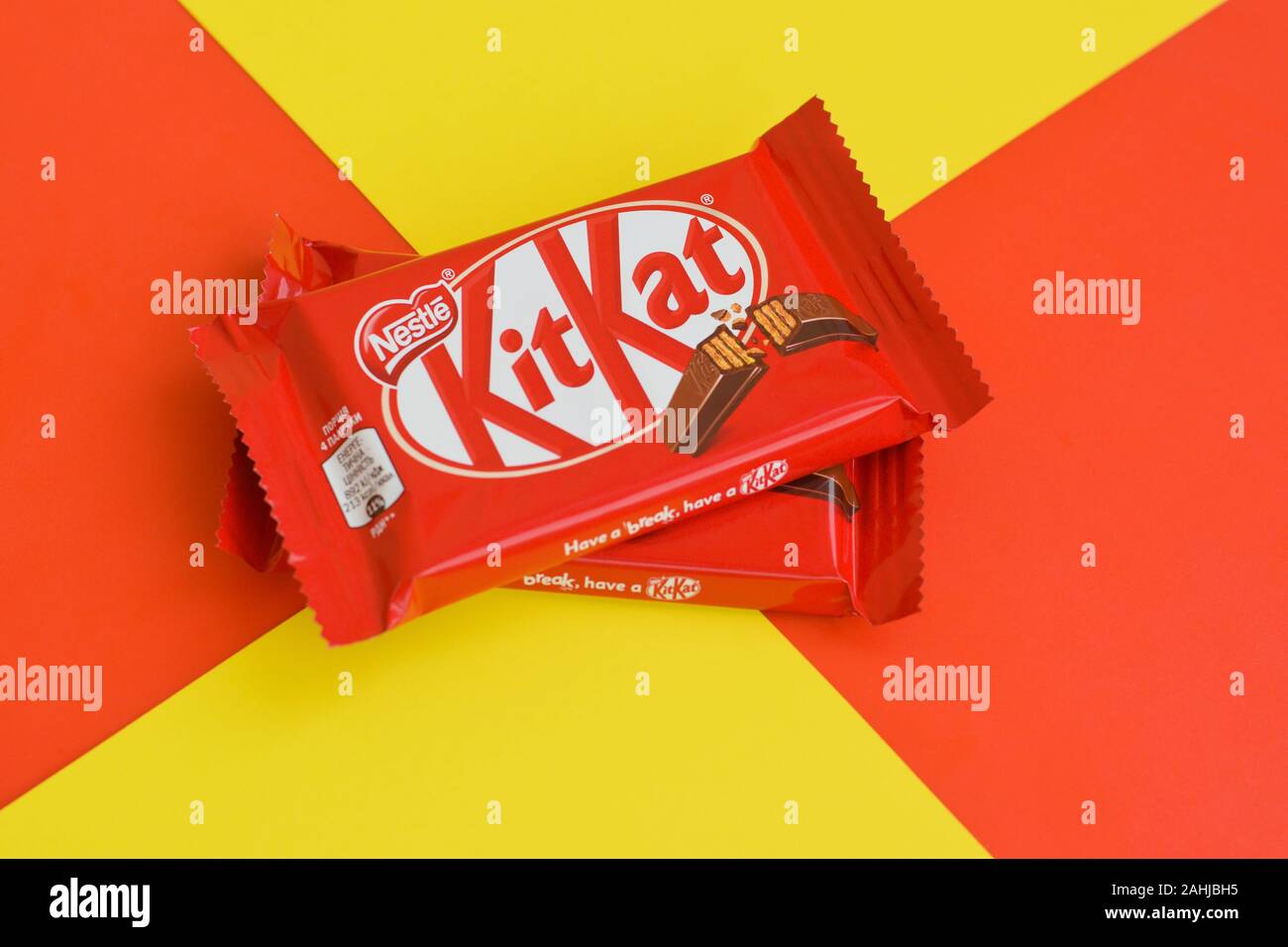 NY, USA - DECEMBER 4, 2019: Kit Kat chocolate bars in red wrapping lies ...