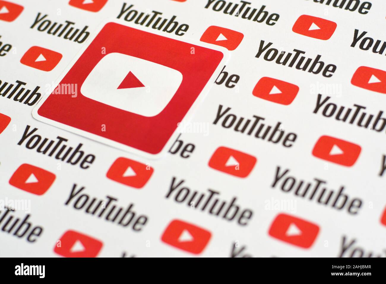 NY, USA - DECEMBER 5, 2019: Youtube logo sticker on pattern printed on ...