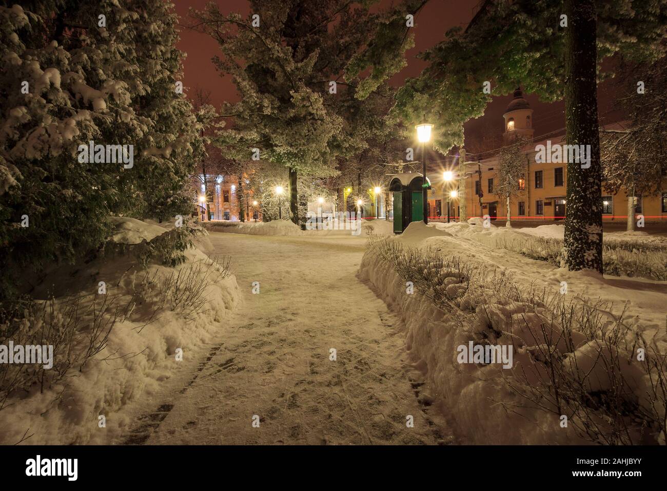 Winter park at night with decorations, lights, benches and trees Stock ...