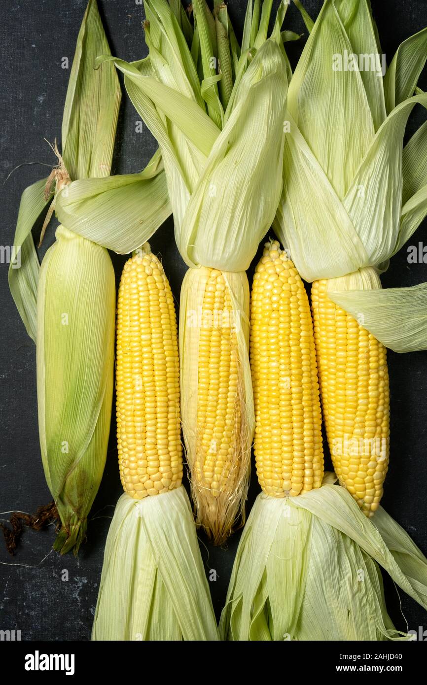 Fresh maize corn, top view, on dark background Stock Photo - Alamy
