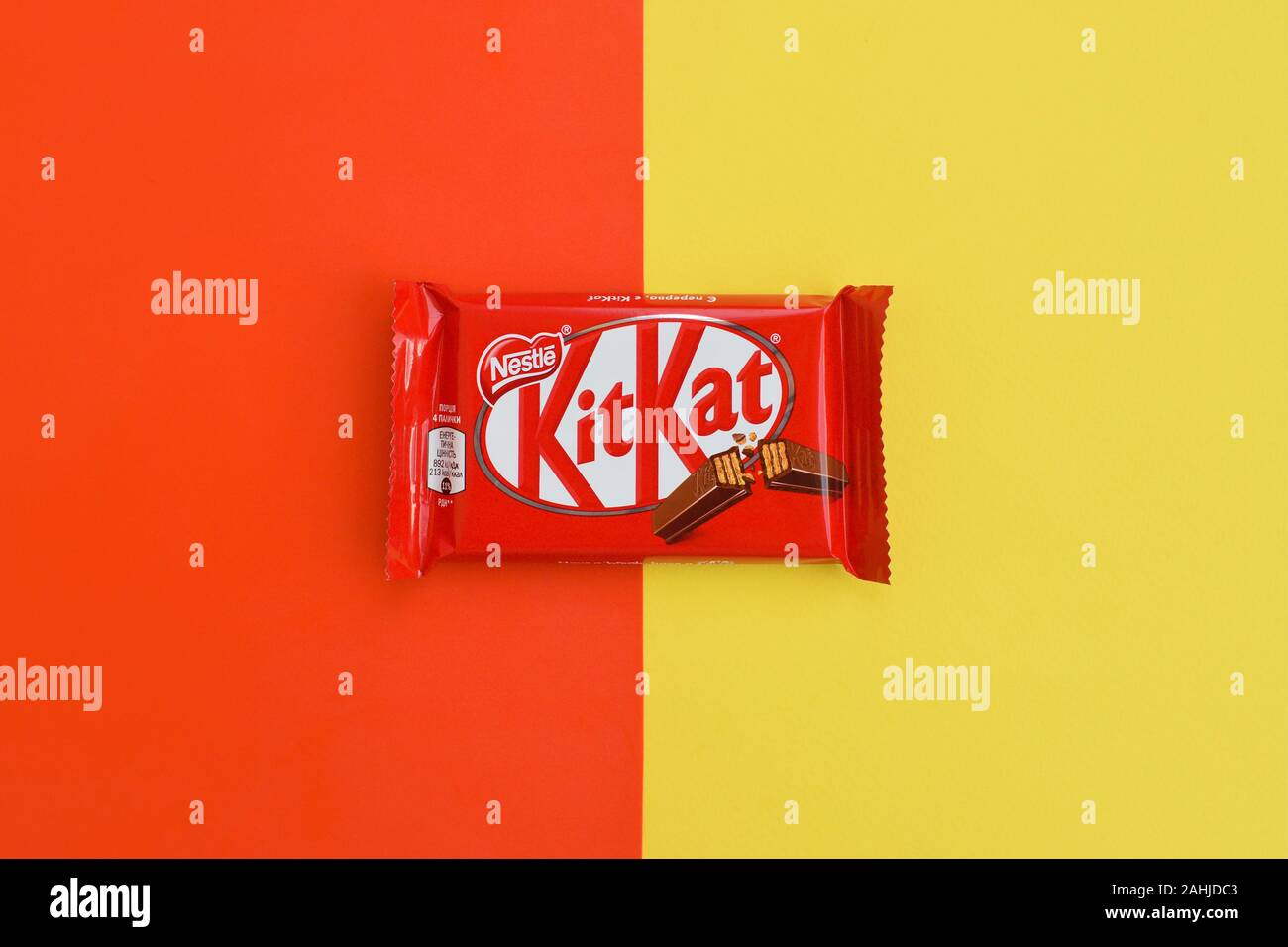 NY, USA - DECEMBER 4, 2019: Kit Kat chocolate bars in red wrapping lies ...