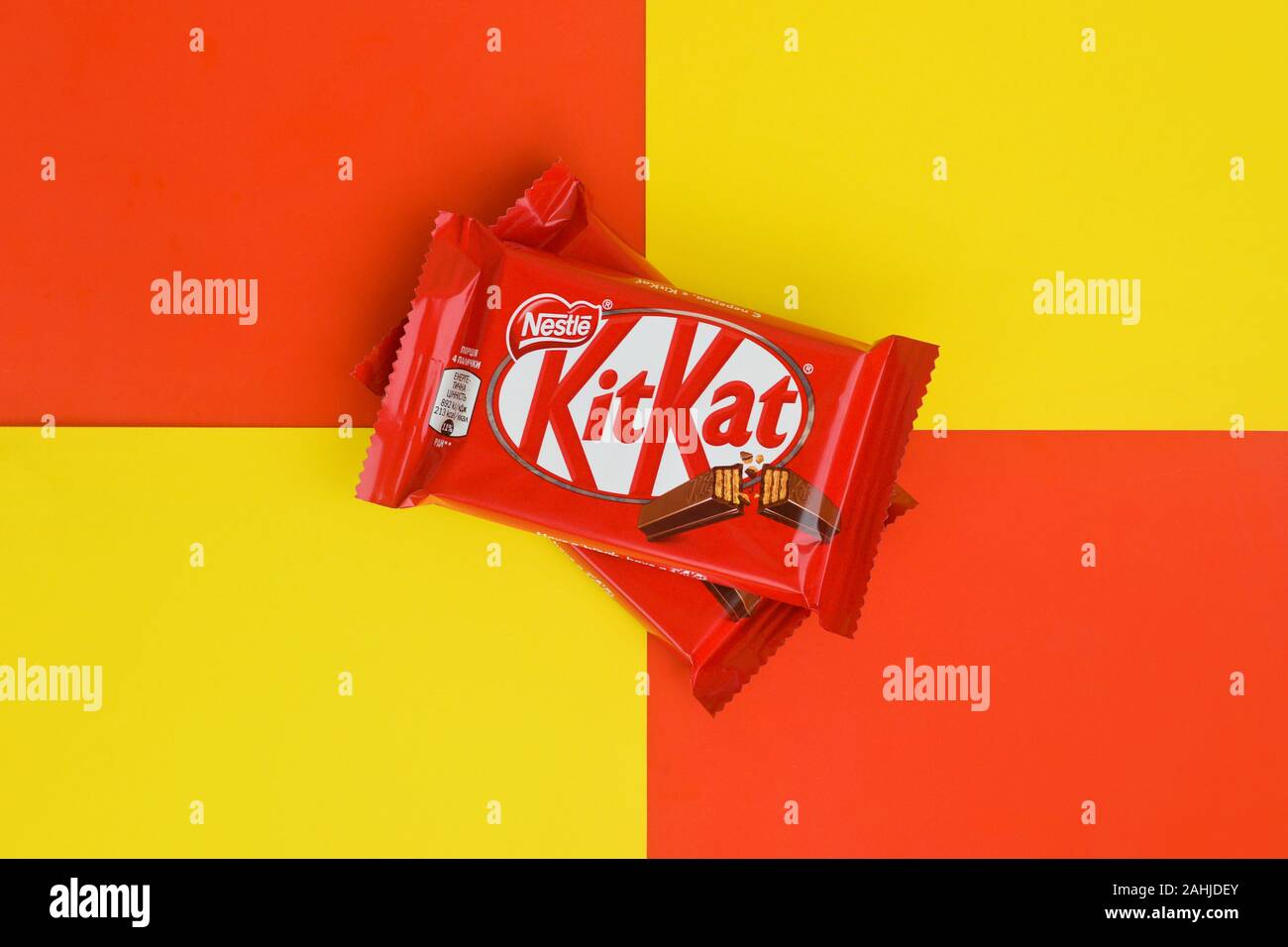 NY, USA - DECEMBER 4, 2019: Kit Kat chocolate bars in red wrapping lies ...