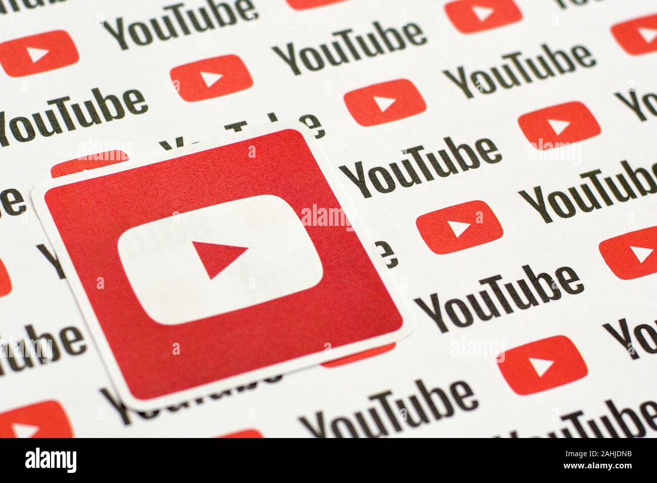 NY, USA - DECEMBER 5, 2019: Youtube logo sticker on pattern printed on ...
