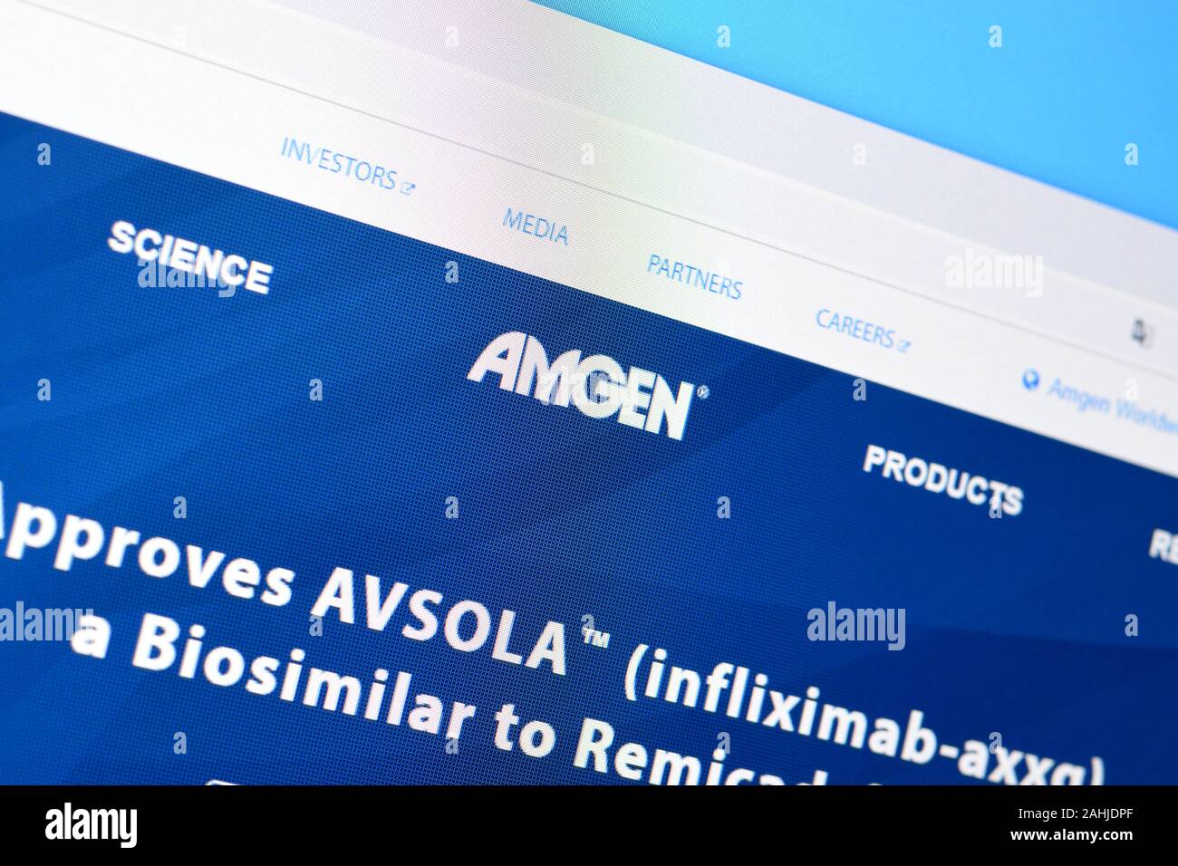 NY, USA - DECEMBER 16, 2019: Homepage of amgen website on the display ...