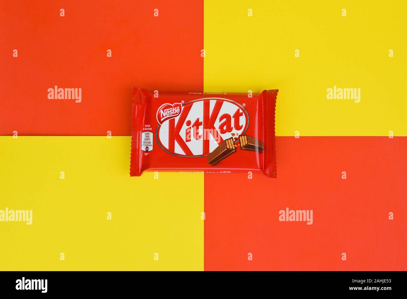 NY, USA - DECEMBER 4, 2019: Kit Kat chocolate bars in red wrapping lies ...