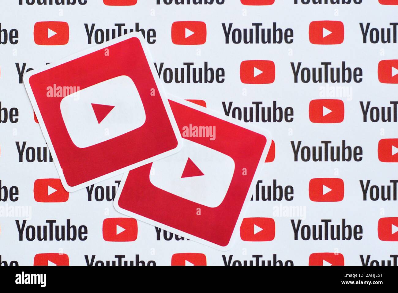 NY, USA - DECEMBER 5, 2019: Youtube logo sticker on pattern printed on ...
