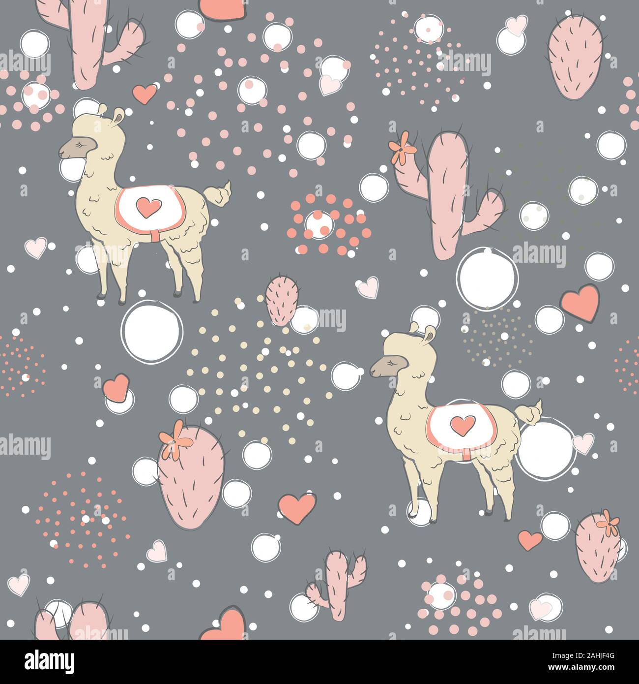 Seamless Alpaca Pattern with cacti, hearts and dots on dark background ...