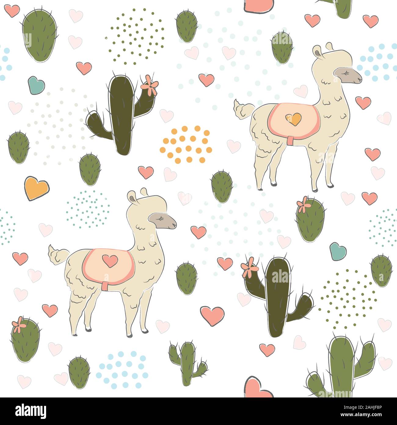 Seamless Alpaca Pattern with cacti, hearts and dots on dark background ...