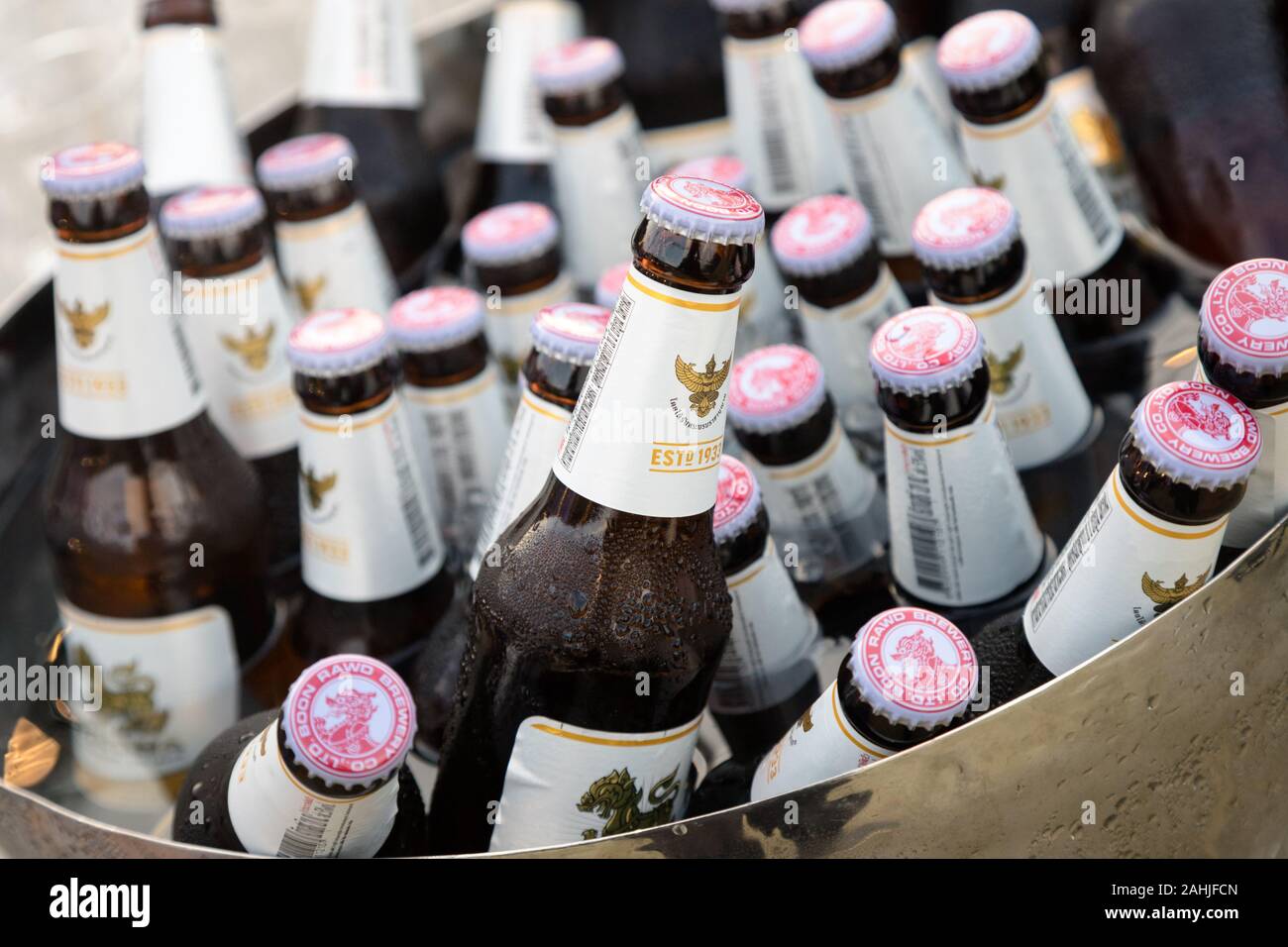 PHUKET, THAILAND - 30 January 2019 : Thai beers brand name "Singha ...
