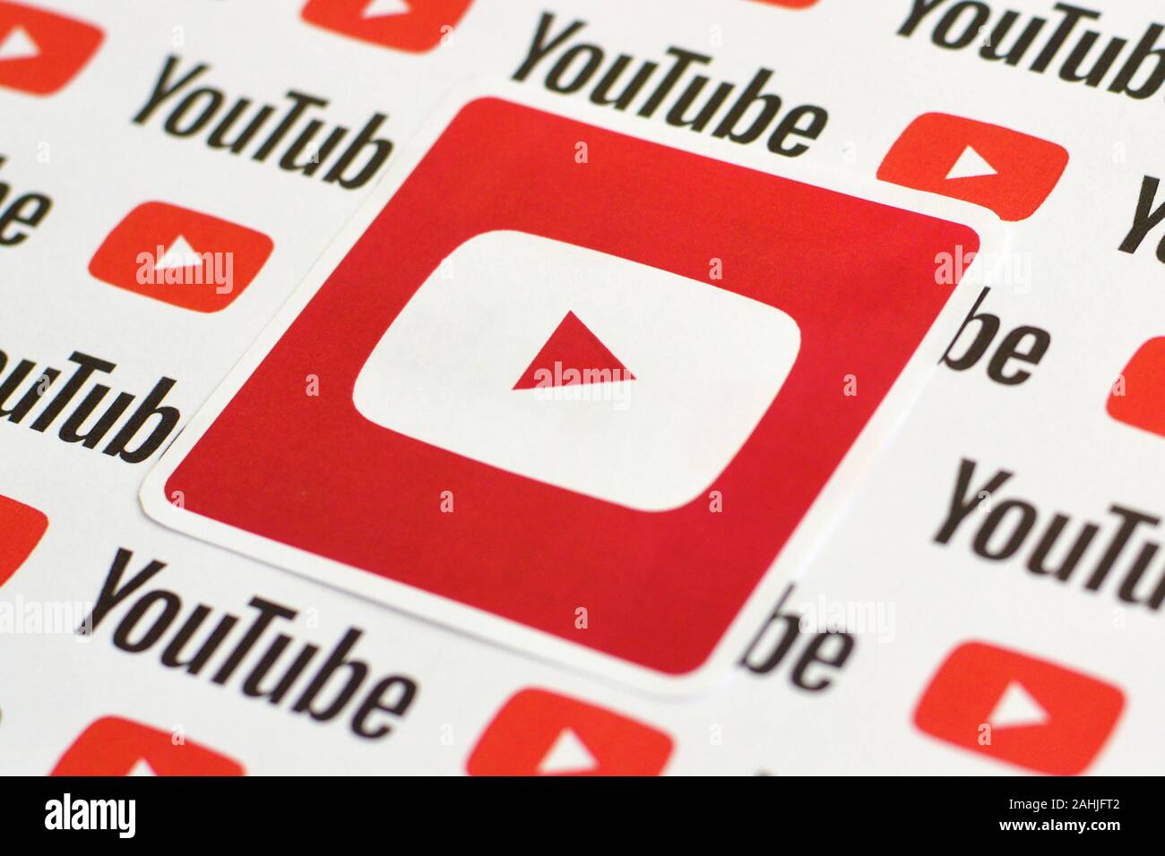 NY, USA - DECEMBER 5, 2019: Youtube logo sticker on pattern printed on ...