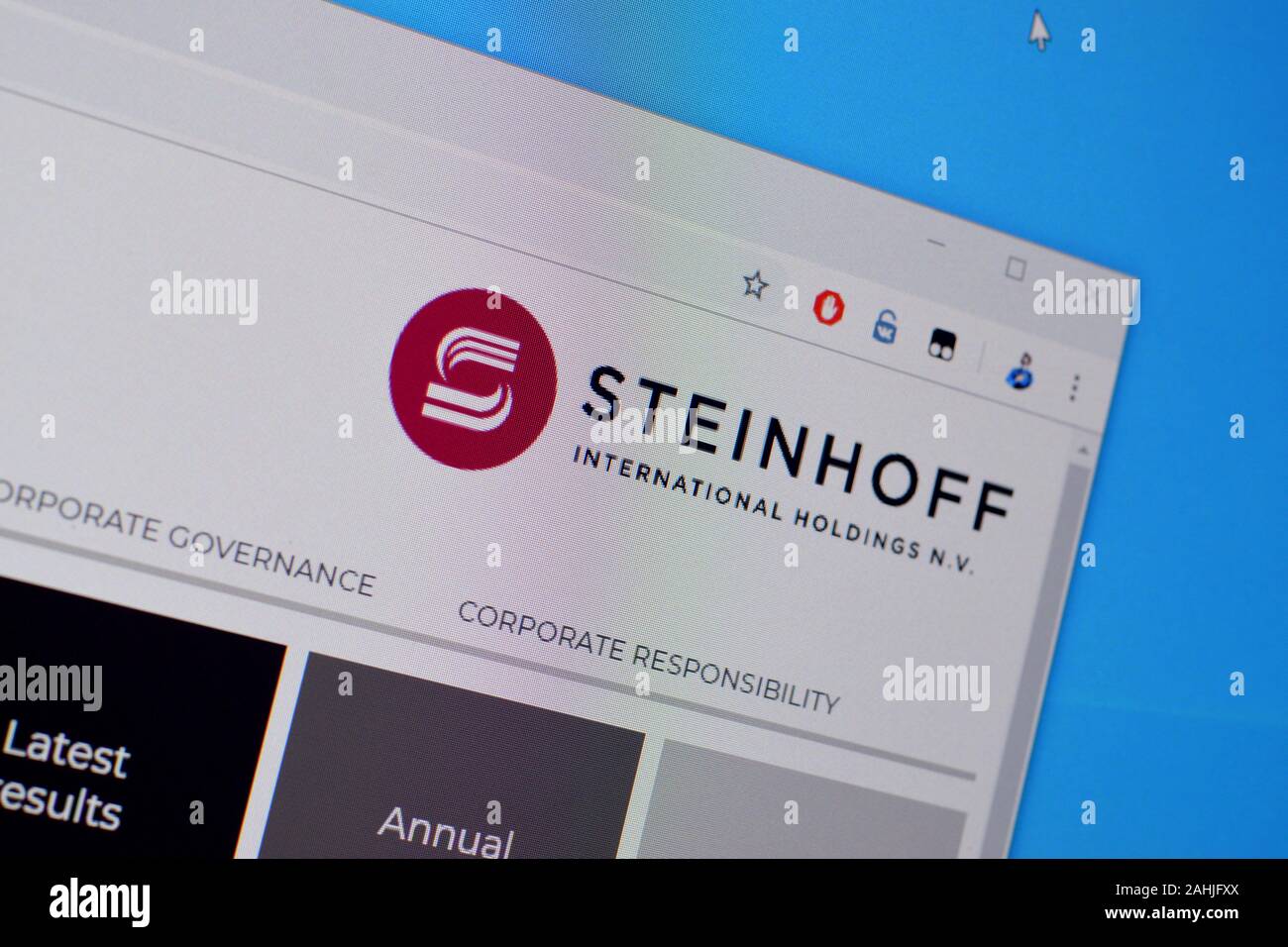 NY, USA - DECEMBER 16, 2019: Homepage of steinhoff international website on the display of PC ...