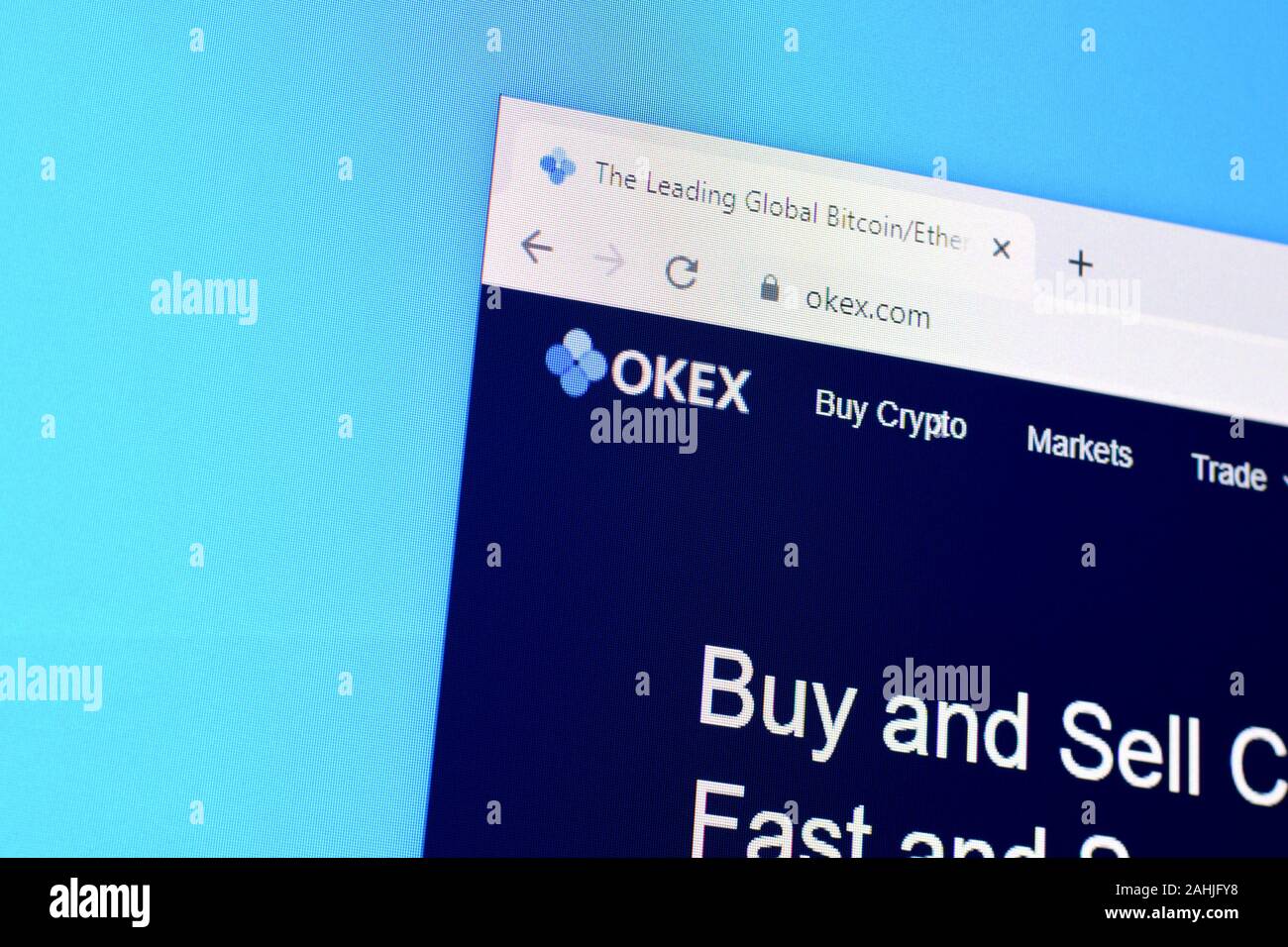 NY, USA - DECEMBER 16, 2019: Homepage of okex website on the display of PC, url - okex.com Stock ...
