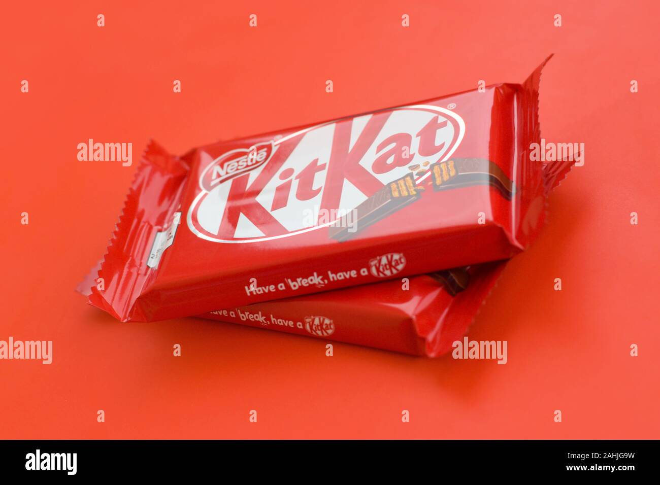 NY, USA - DECEMBER 4, 2019: Kit Kat chocolate bar in red wrapping lies ...