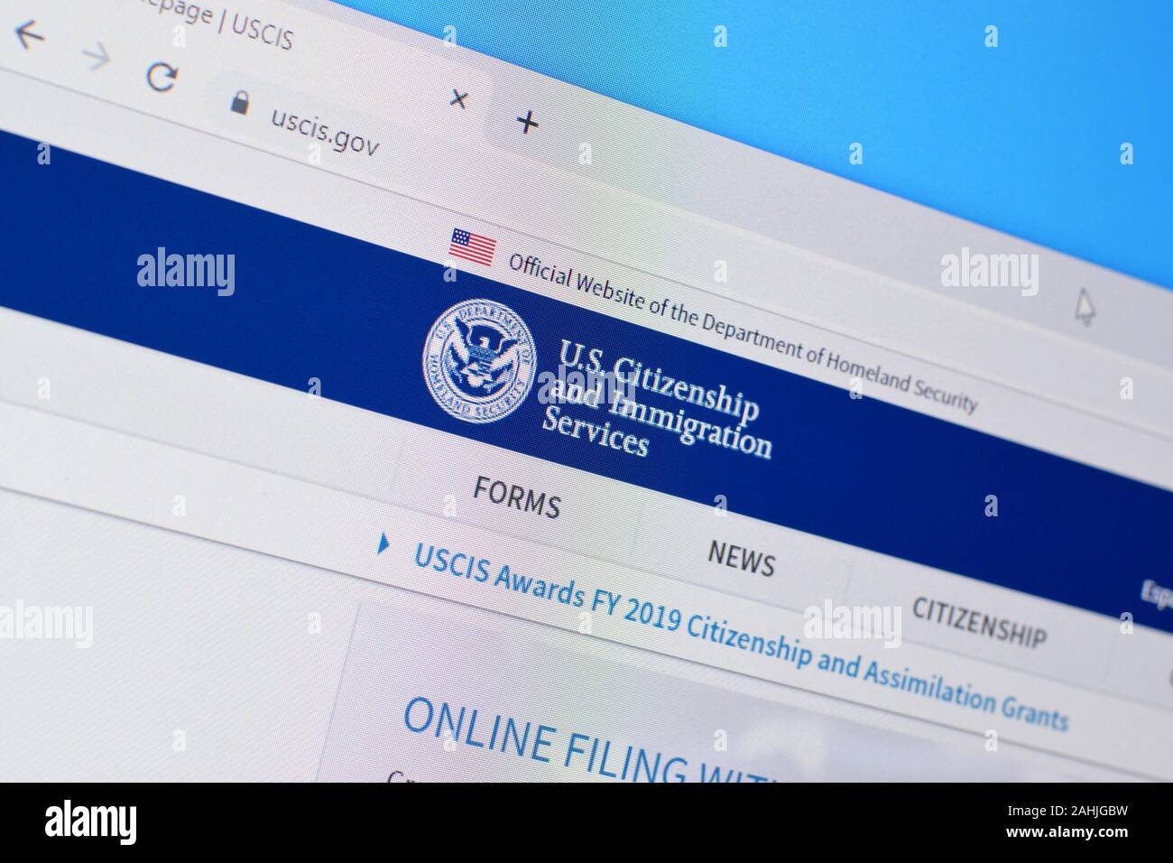 NY, USA - DECEMBER 16, 2019: Homepage of uscis website on the display ...