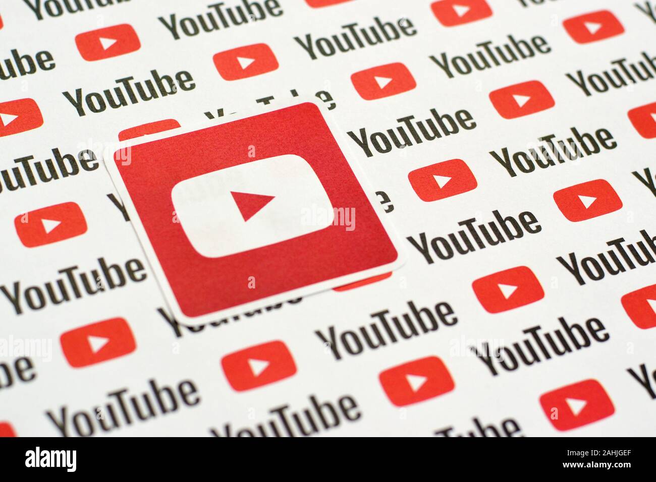 NY, USA - DECEMBER 5, 2019: Youtube logo sticker on pattern printed on ...