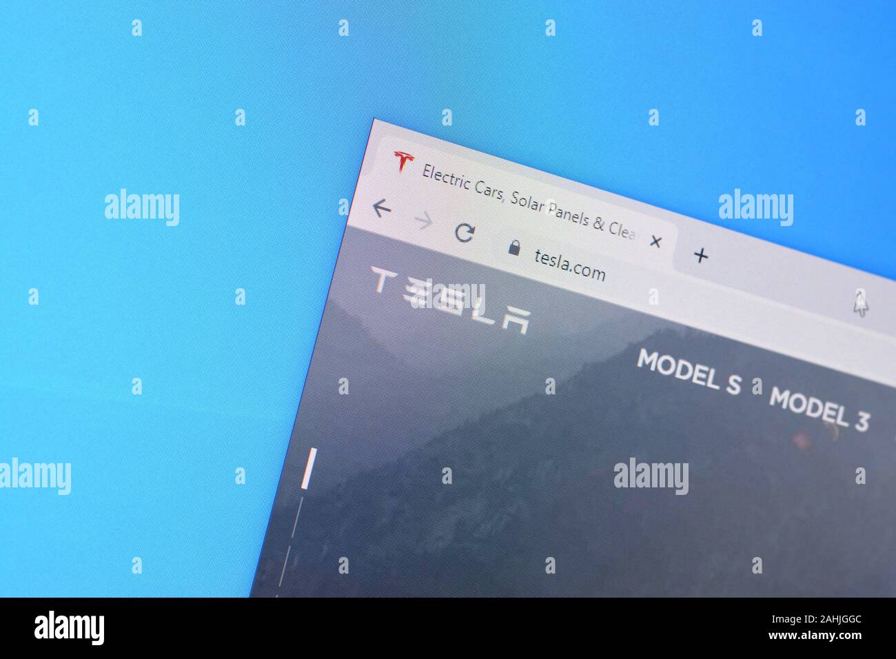 NY, USA - DECEMBER 16, 2019: Homepage of tesla website on the display ...