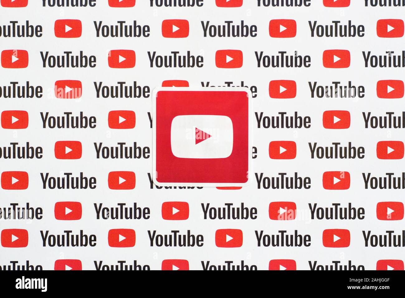 NY, USA - DECEMBER 5, 2019: Youtube logo sticker on pattern printed on ...